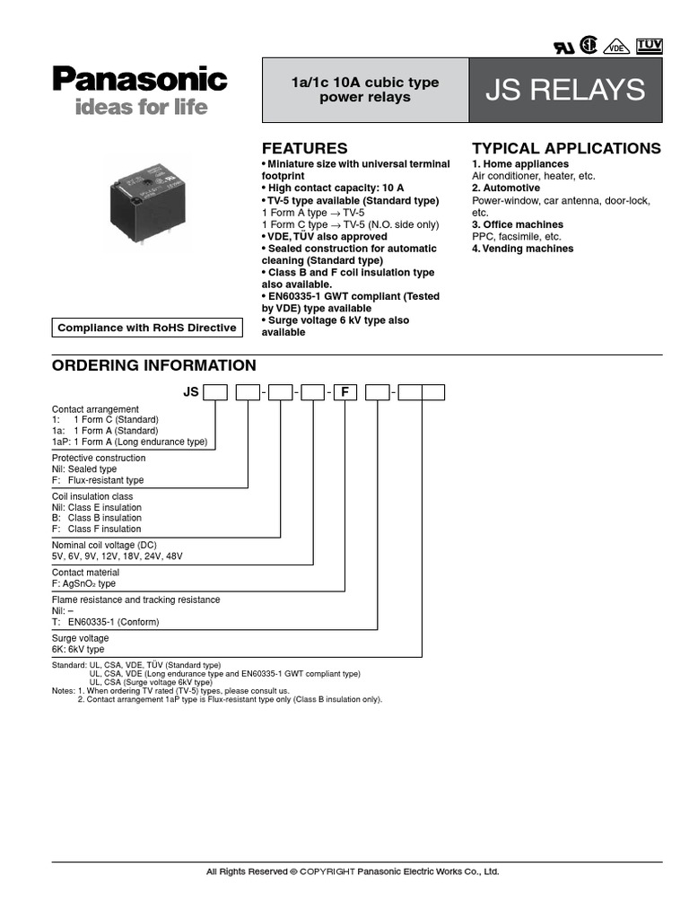 Panasonic JS1 B 24V Datasheet | PDF | Alternating Current | Rectifier