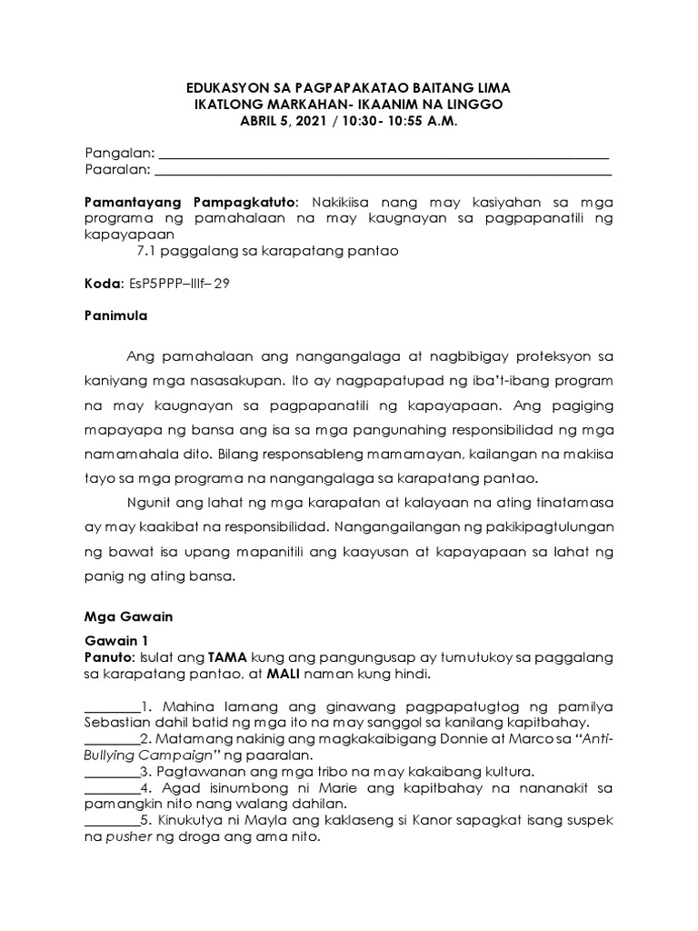 LAS EsP Grade 5 - April, 2021 | PDF
