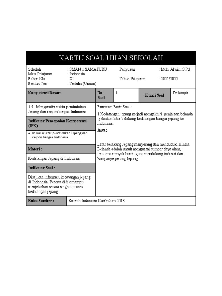 Kartu-Soal-pAS Sejarah Ind XI | PDF | Kajian Bahasa Asing | Sains & Matematika