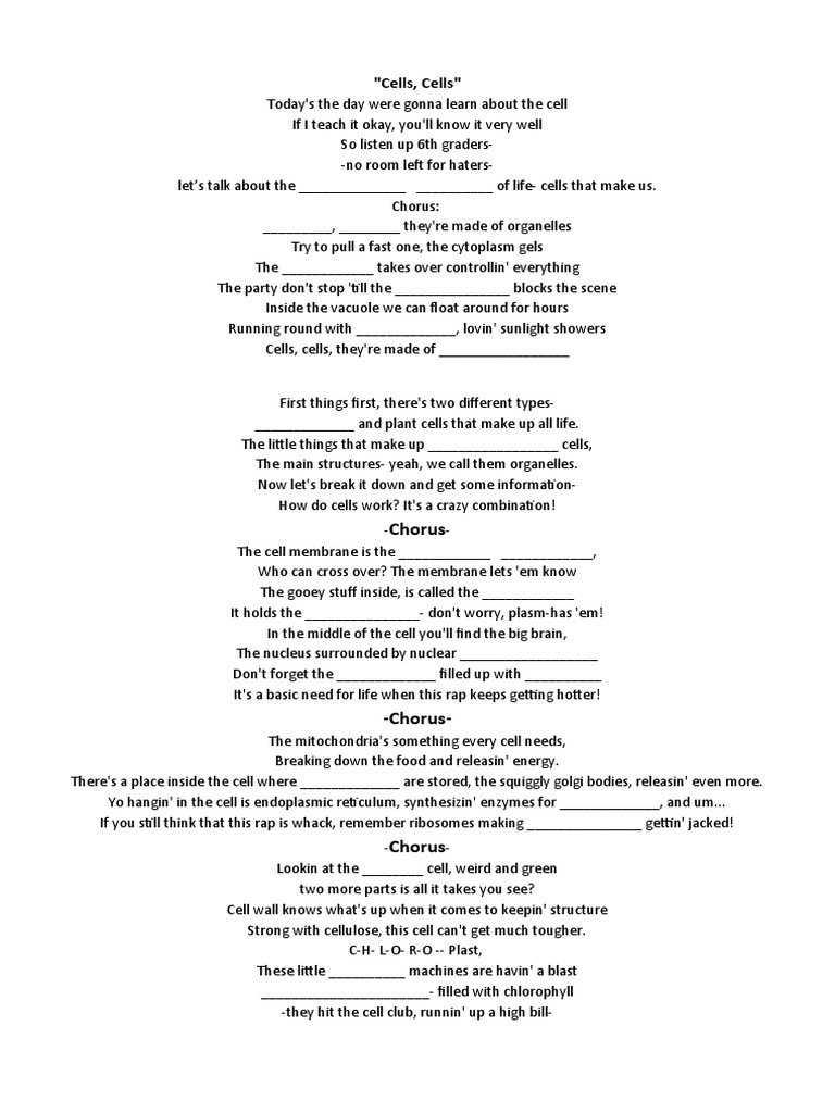 Cells Rap Blanks | PDF | Cell (Biology) | Cytoplasm