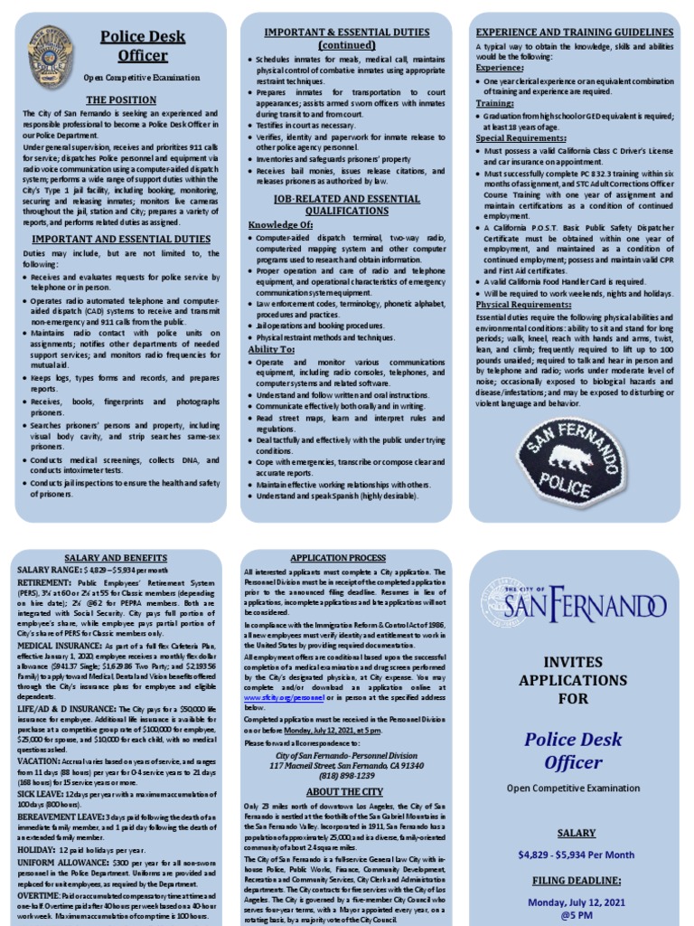 Police Desk Officer Job Opening | PDF | Overtime | Dispatcher