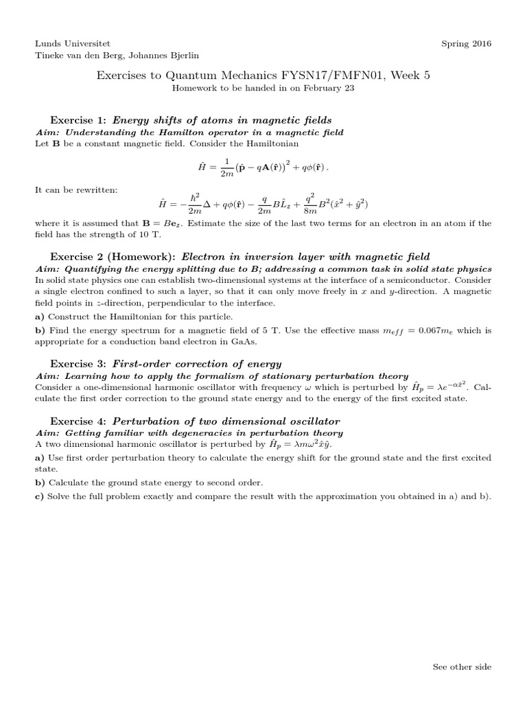 Quantum Mechanics Exercises Week 5 | PDF | Perturbation Theory (Quantum ...