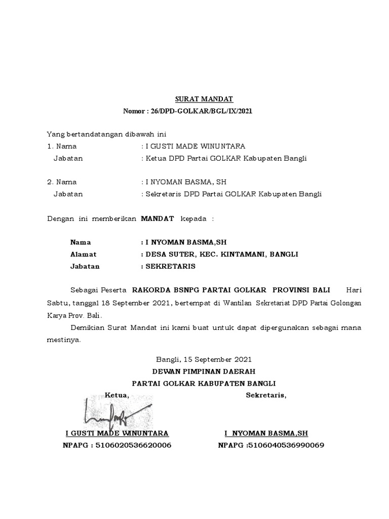 Contoh Surat Mandat Partai Golkar | PDF