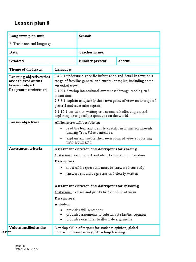 Grade 9 English Lesson Plan: Languages | PDF | Educational Assessment ...