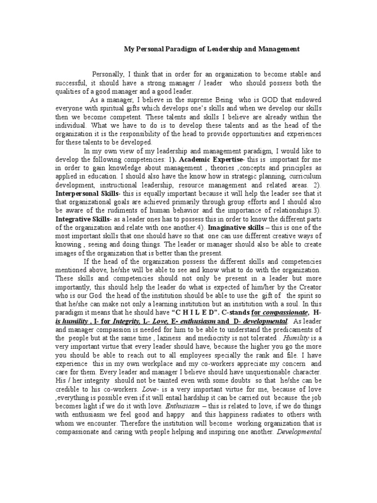 My Personal Paradigm of Leadership and Management 1 | PDF | Leadership ...