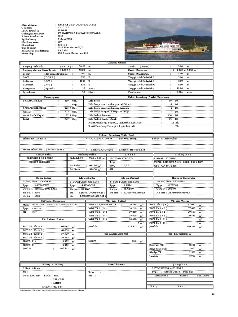 Ship Particular SN 112 | PDF | Equipment | Water Transport