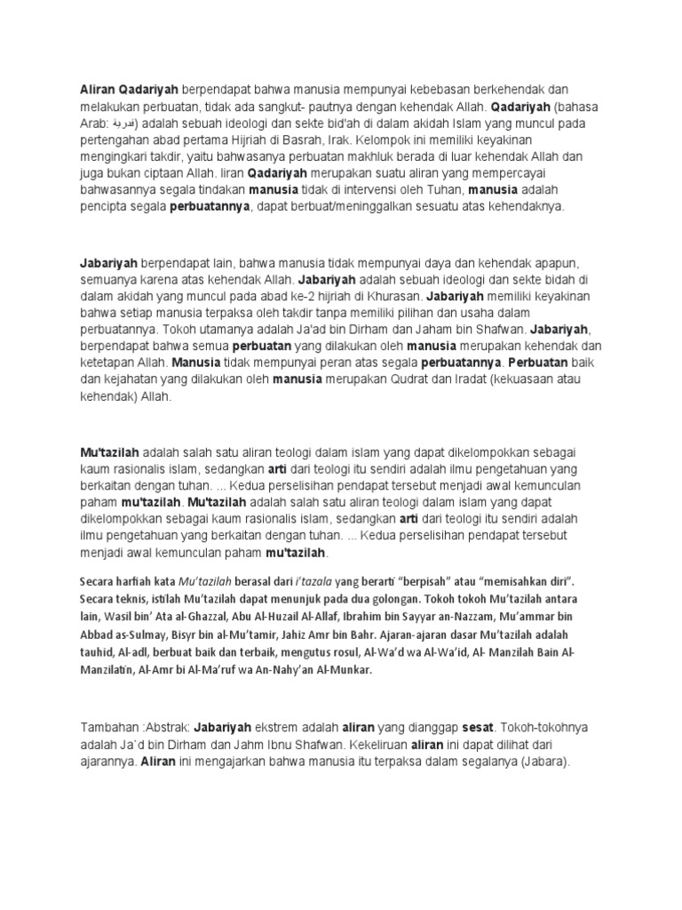 Perbedaan Qadariyah, Jabariyah, dan Mu'tazilah | PDF | Politik | Agama ...