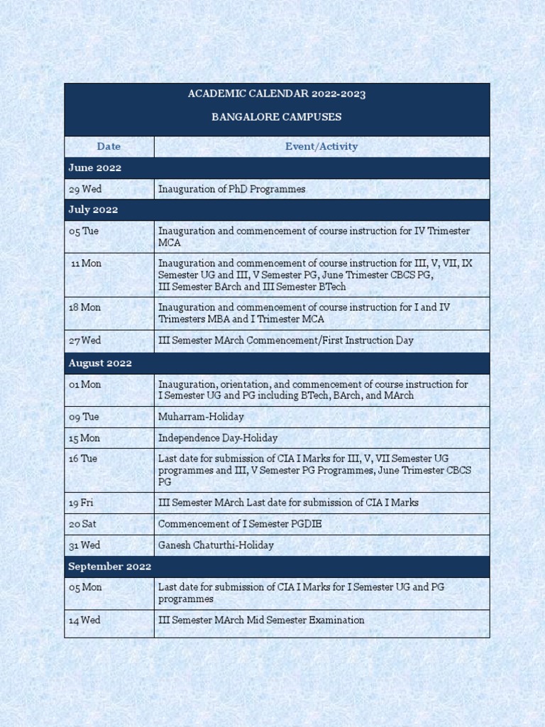 Academic Calendar Christ University 2022-23 Revised 30june2022 | PDF ...