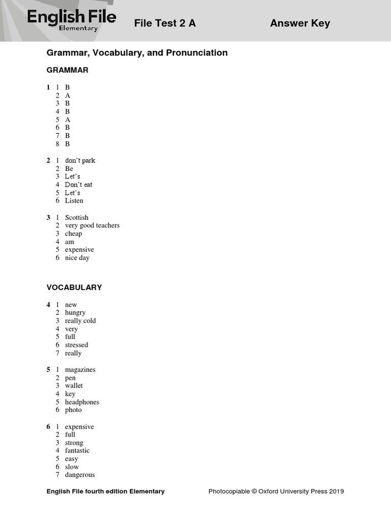 EF4e Elem Filetest 02a Answer Key | PDF | English Language | Vocabulary
