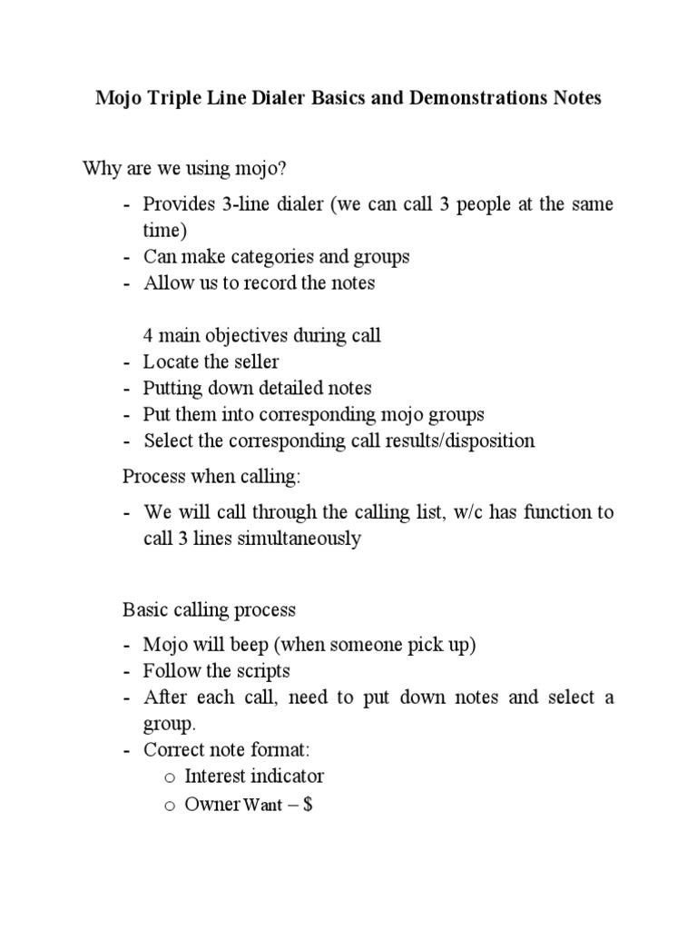Mojo Triple Line Dialer Basics and Demonstrations Notes | PDF