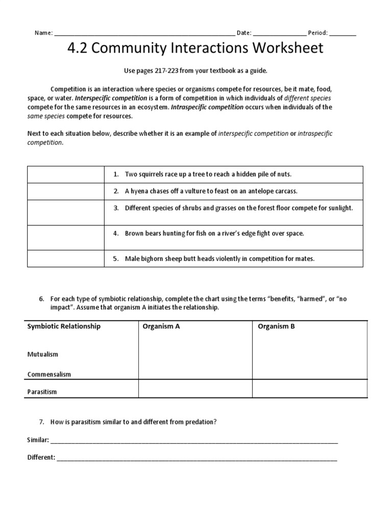 4.2 Community Interactions Worksheet | PDF | Symbiosis | Parasitism