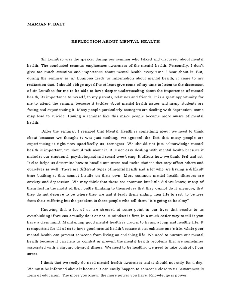 Marjan - Reflection About Mental Health | PDF | Mental Health | Adolescence