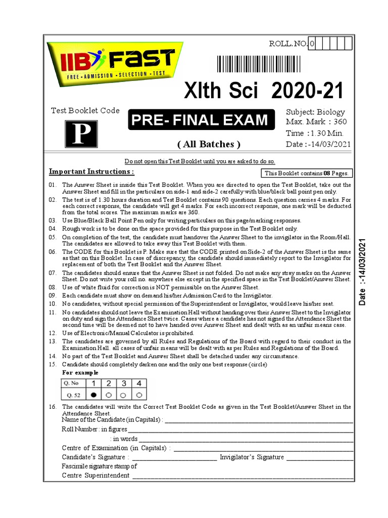 IIB FAST Pre Final Exam DT 14 03 2021 QuestionPaper | PDF | Anatomy | Plants
