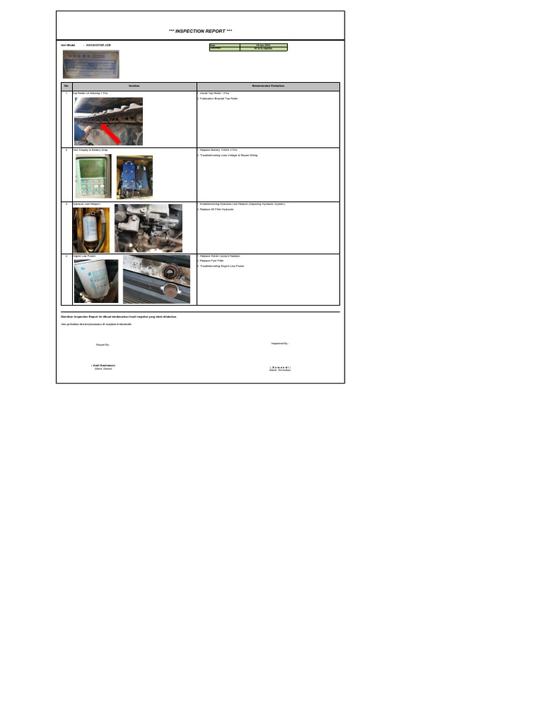 Inspection Report JCM Excavator | PDF