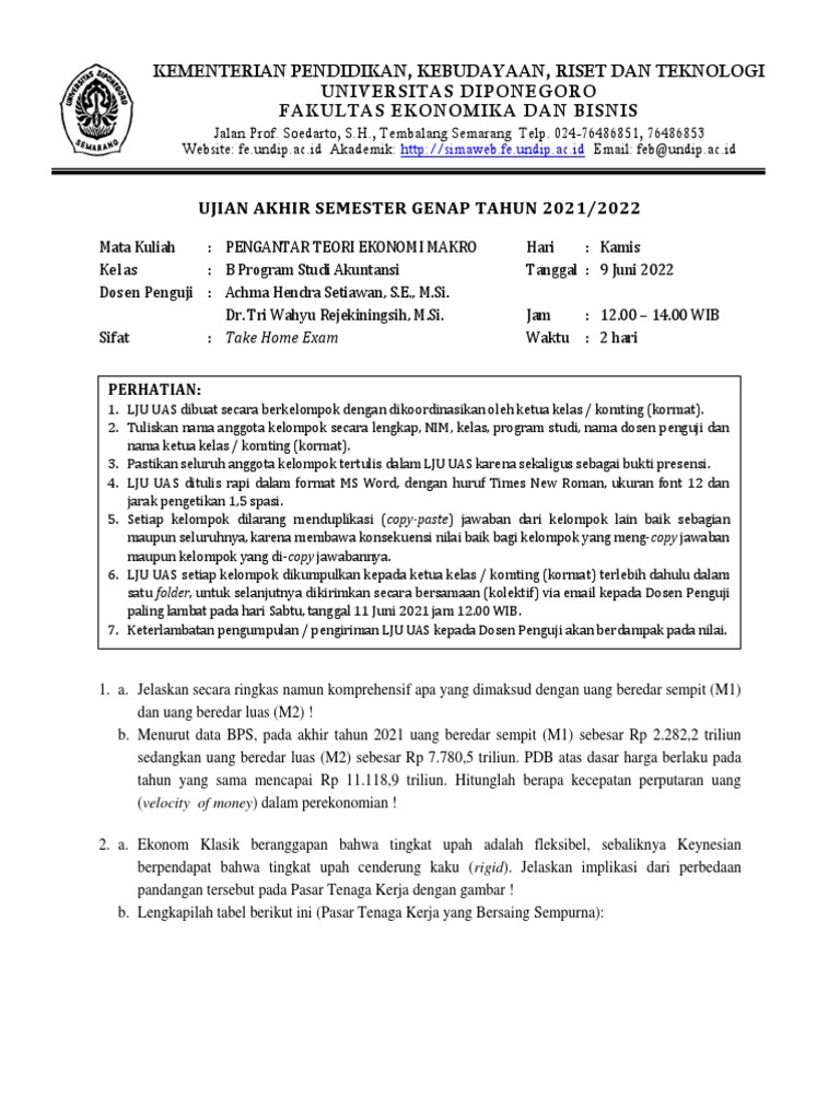 Soal Uas Pengantar Teori Ekonomi Makro 10-06-2021 | PDF Soal Uas Pengantar Teori Ekonomi Makro 10-06-2021 | PDF