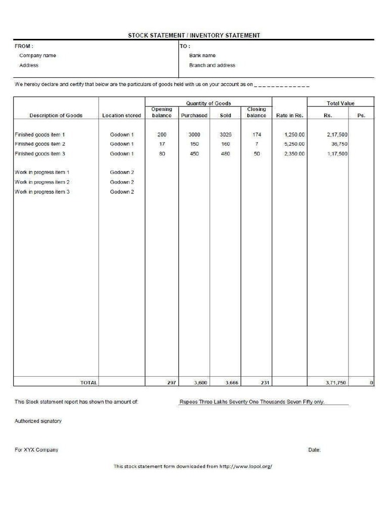 Sample Stock Statement For Bank Loan | PDF