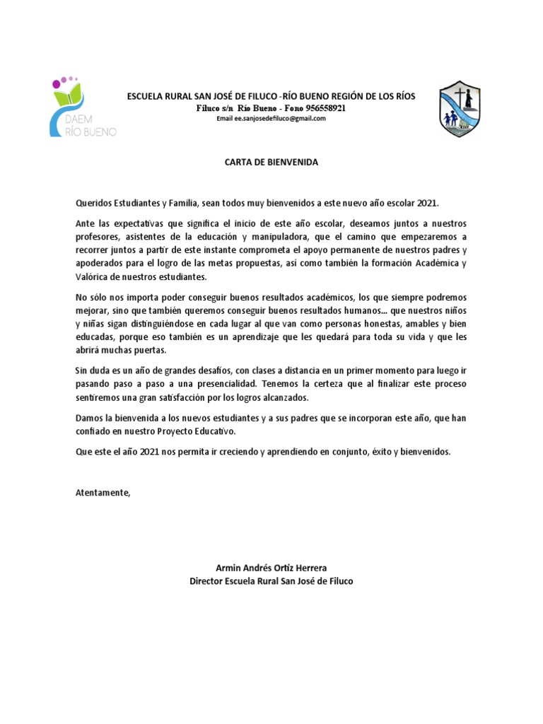 Carta de Bienvenida al Año Escolar 2021 | PDF