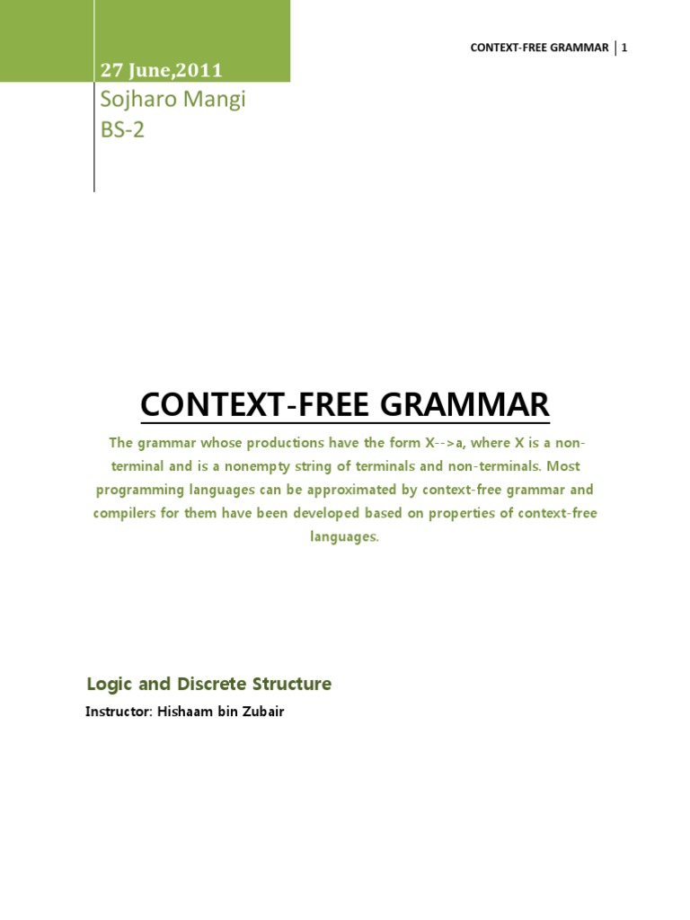 Context-Free Grammar: Sojharo Mangi BS-2 | PDF | Syntax (Logic) | Metalogic