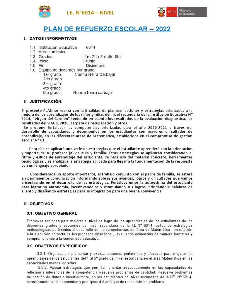 Plan de Refuerzo Escolar I.E. 6014 2022 | PDF | Evaluación | Aprendizaje