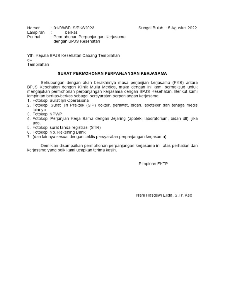 Draft Surat Permohonan Perpanjangan Kerjasama | PDF | Bisnis ...