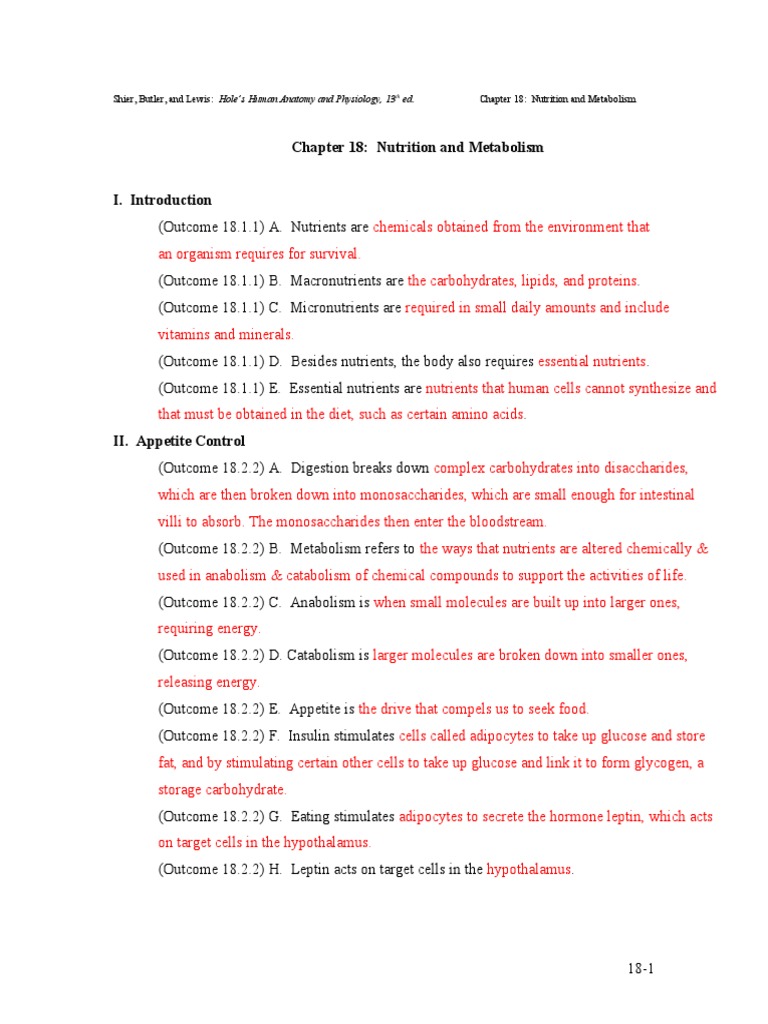 ch18 Studyoutline Nutrition-And-Metabolism | PDF | Nutrients | Fat