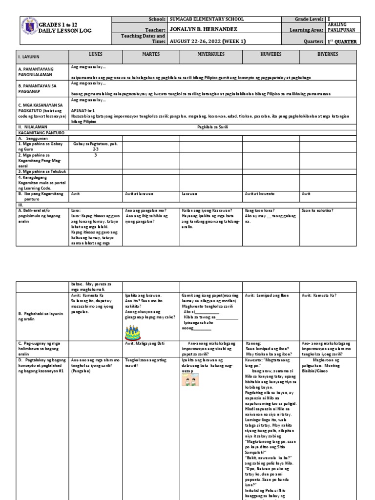 DLL - Araling Panlipunan 1 - Q1 - W1 | PDF
