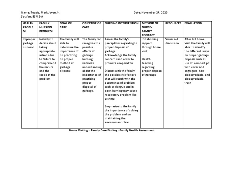 Family Nursing Care Plan | PDF | Waste Management | Nursing