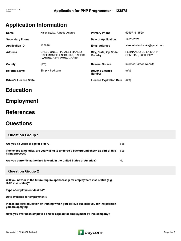 Application For PHP Programmer - 123878 | PDF