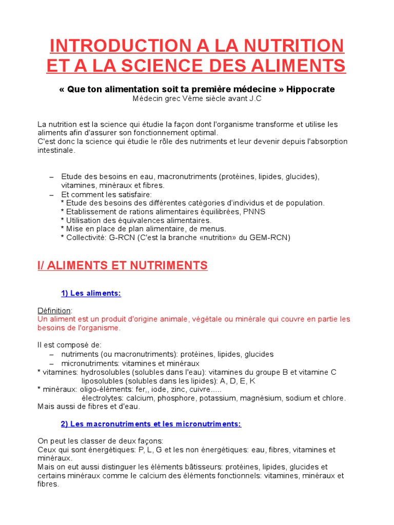Introduction à la nutrition humaine | PDF | Nutriments | Nutrition