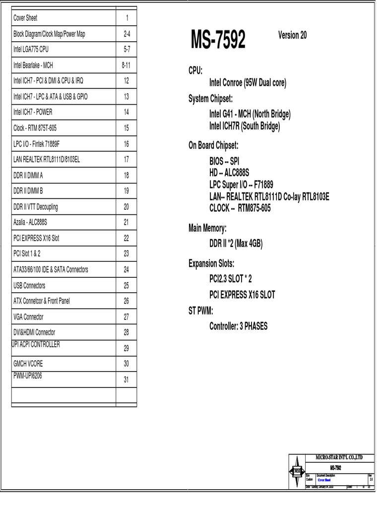 MSI G41M-P23 MS-7592 Rev 2.0 | PDF | Computer Data | Electrical Engineering