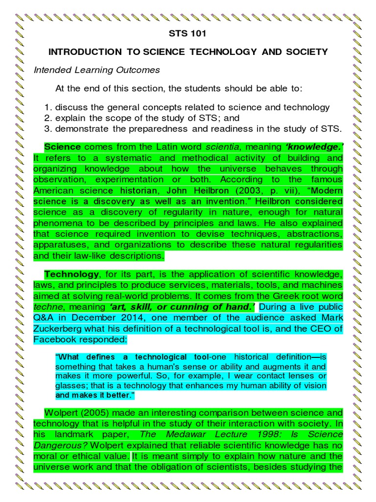Intended Learning Outcomes: STS 101 Introduction To Science Technology and Society | PDF ...