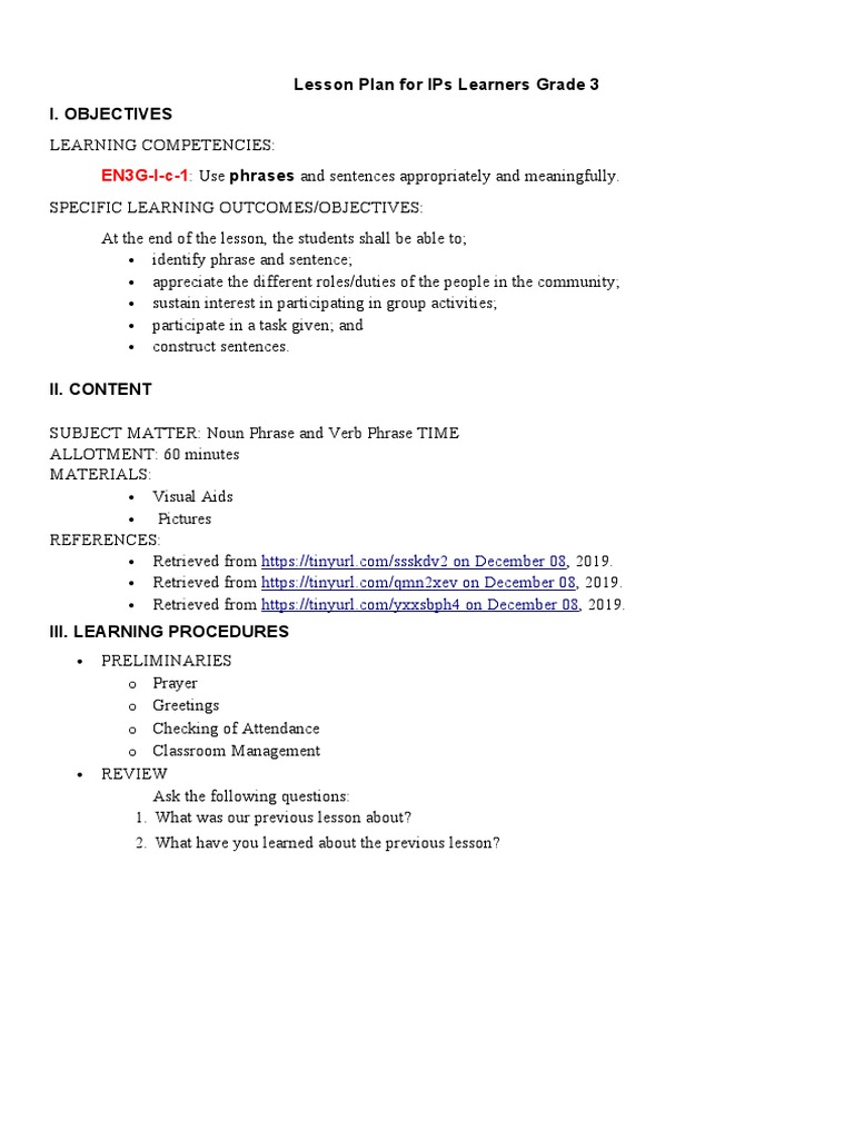 Lesson Plan For IPs | PDF | Verb | Phrase