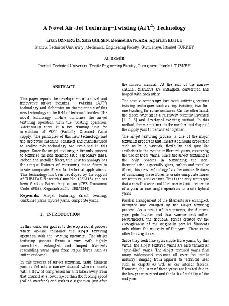 A Novel Air-Jet Texturing+Twisting (AJT) Technology: Ertan ÖZNERGİZ ...