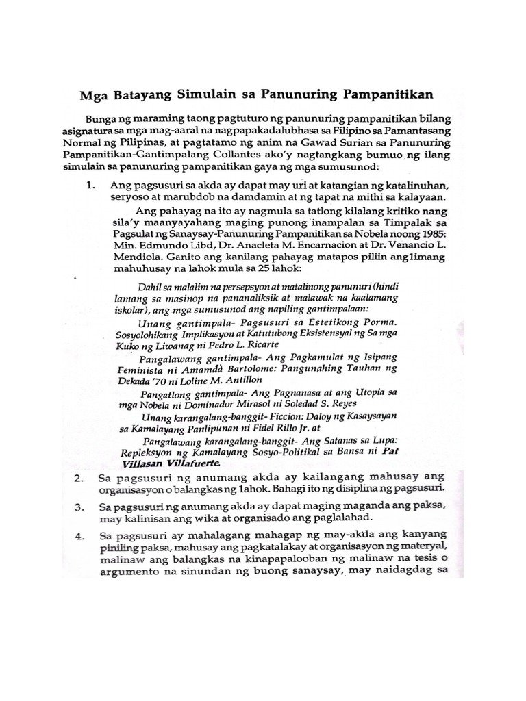 Mga Batayang Simulain Sa Panunuring Pampanitikan | PDF