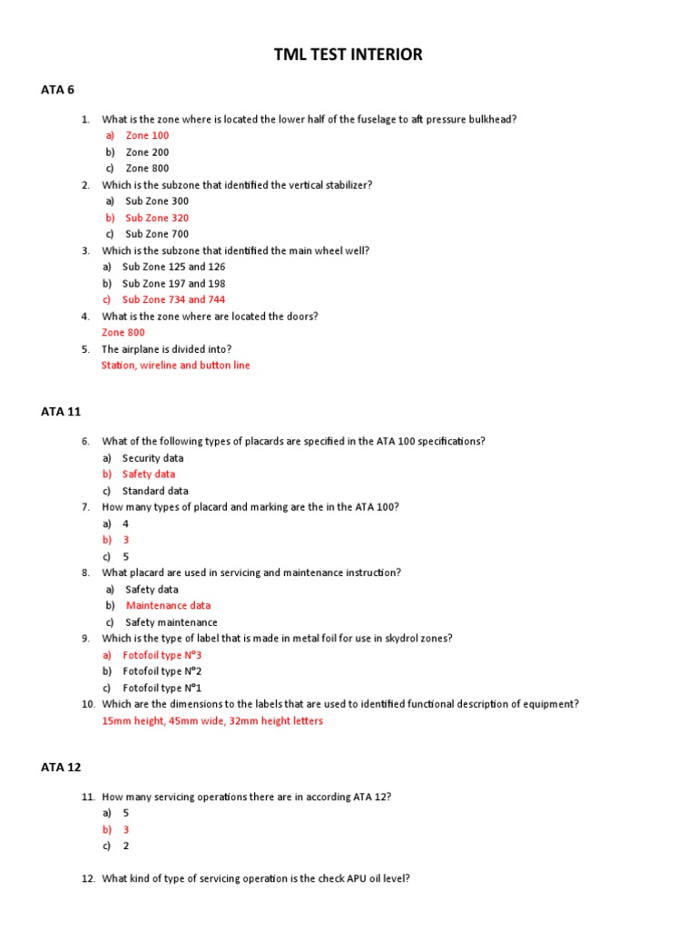 TML TEST INTERIOR ATA 6, 11, 12, 25, 30, 35, 38 | PDF | Oxygen | Equipment