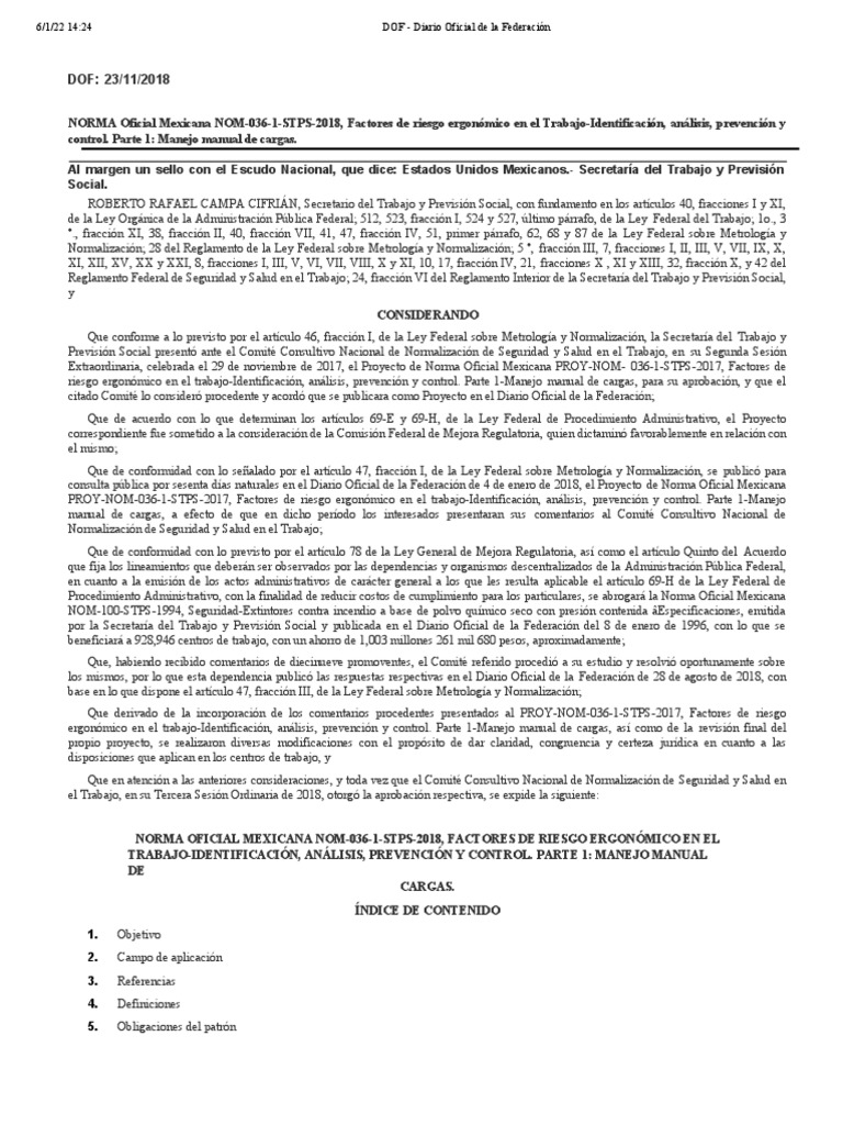 Nom 036 1 STPS 2018 | PDF | Factores humanos y ergonomía | México