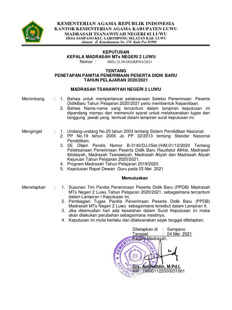 SK Panitia PPDB Madrasah 2021 | PDF