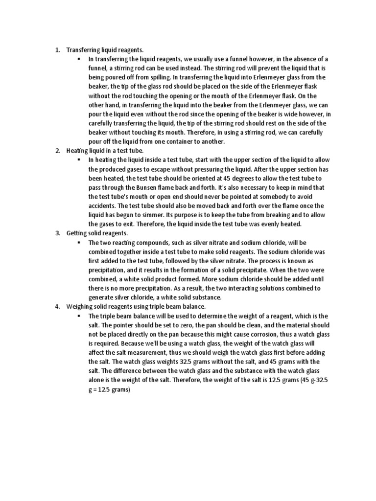 Transferring Liquid Reagents in Laboratory | PDF | Salt (Chemistry ...