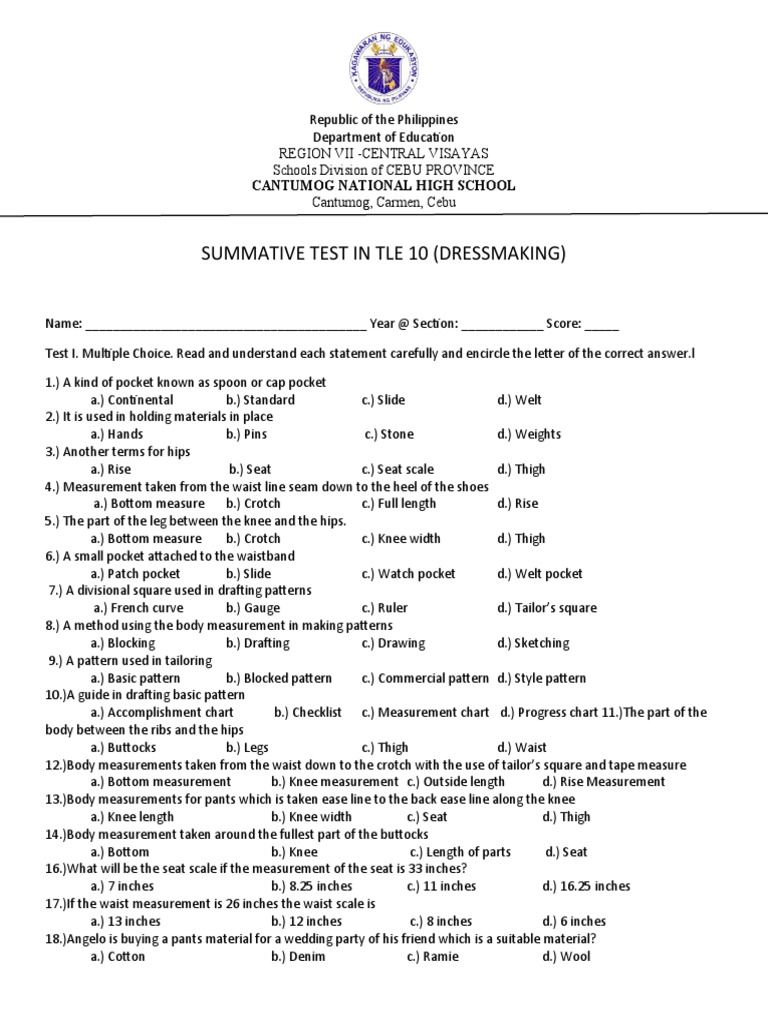 TLE 10 Dressmaking Summative Test | PDF | Seam (Sewing) | Clothing