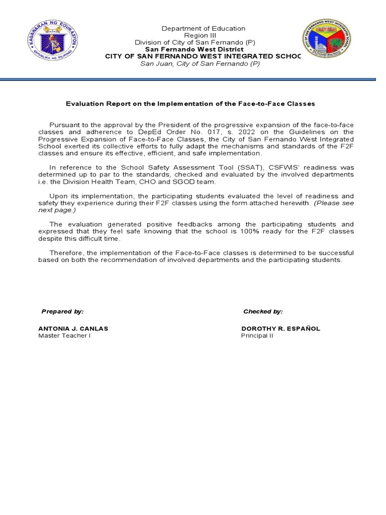 Evaluation Report - Face To Face Classes | PDF | Classroom