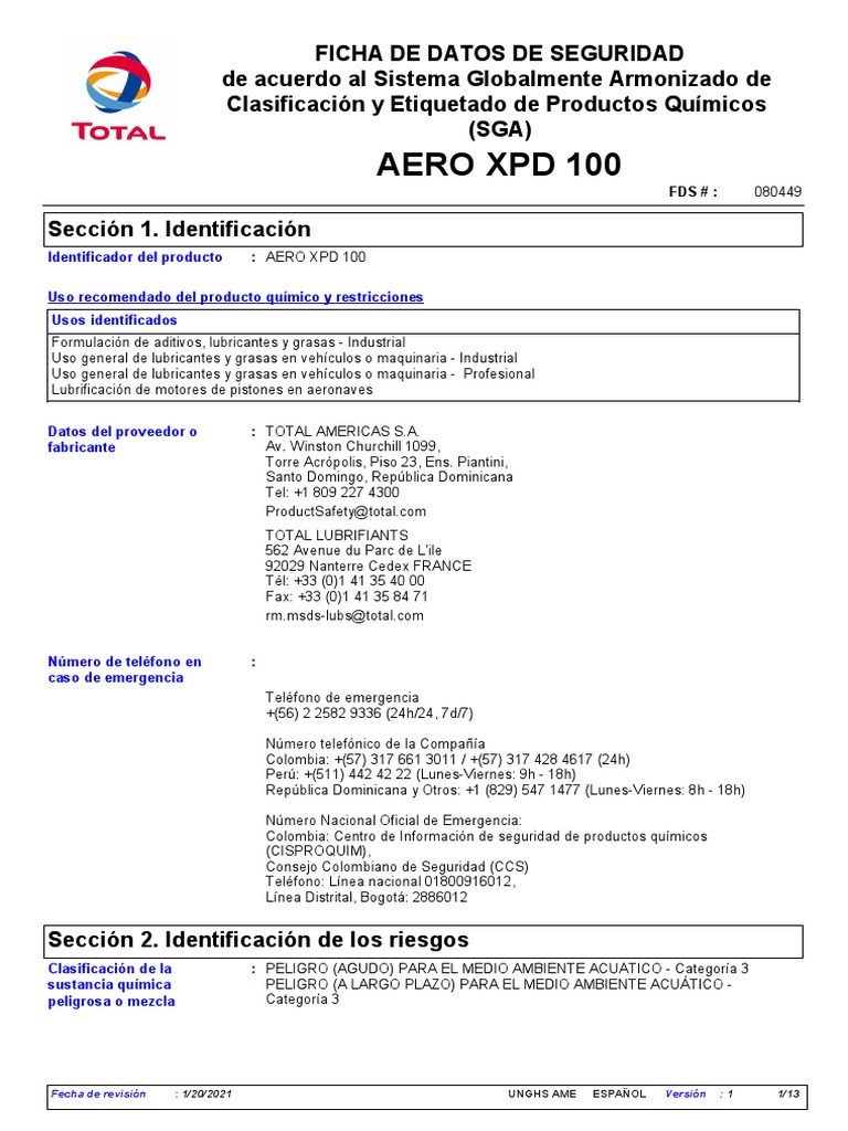 SDS - TOTAL - Aero - XPD 100 | PDF | Agua | Contaminación