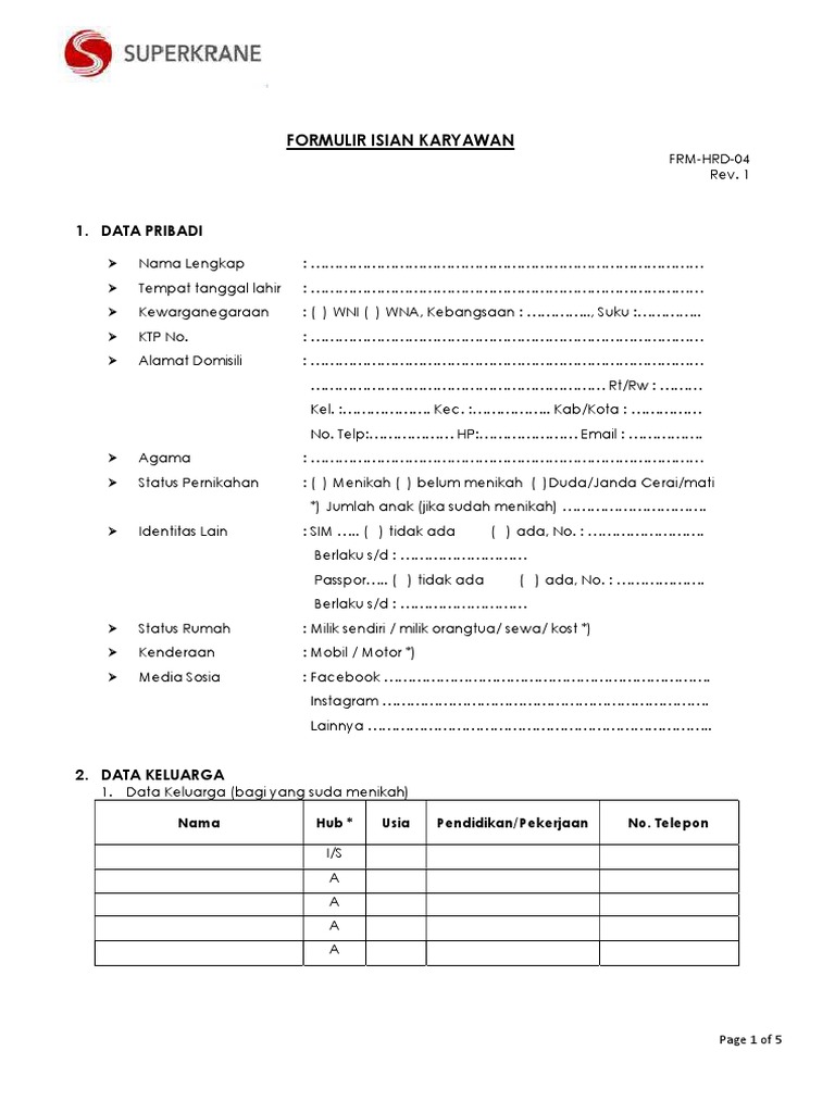 FRM-HRD-04 Formulir Isian Karyawan - Rev1 | PDF