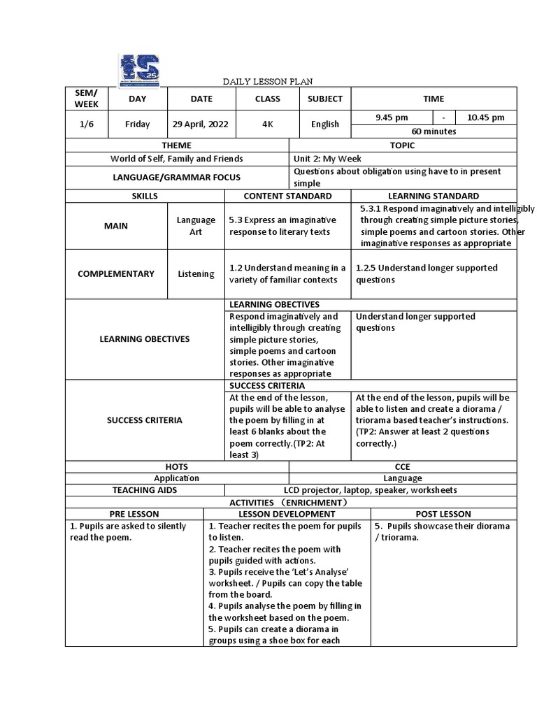 Daily Lesson Plan | PDF | Lesson Plan | Teachers