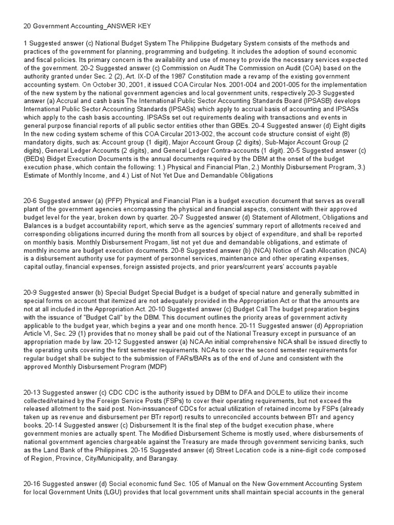 Government Accounting Answer Key | PDF | Budget | Expense