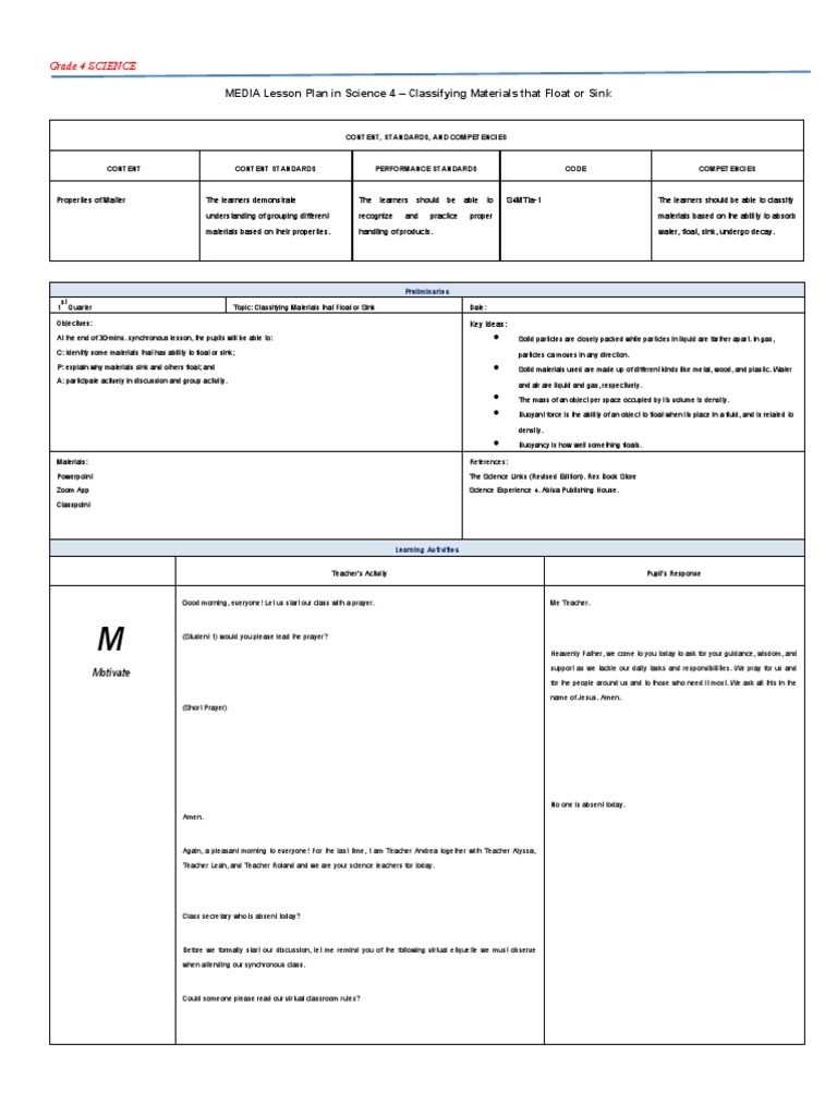 MEDIA Lesson Plan in Science 4 | PDF | Buoyancy | Gases