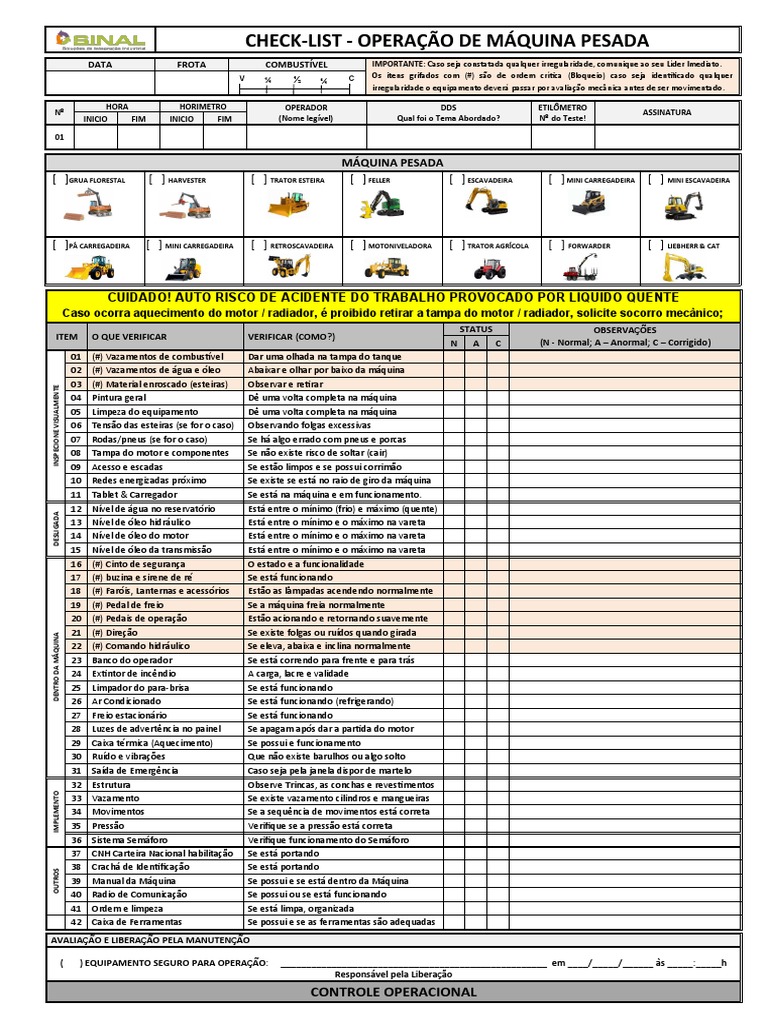 Check List Operacional - Maquina Pesada Grua | PDF | Motores | Veículos