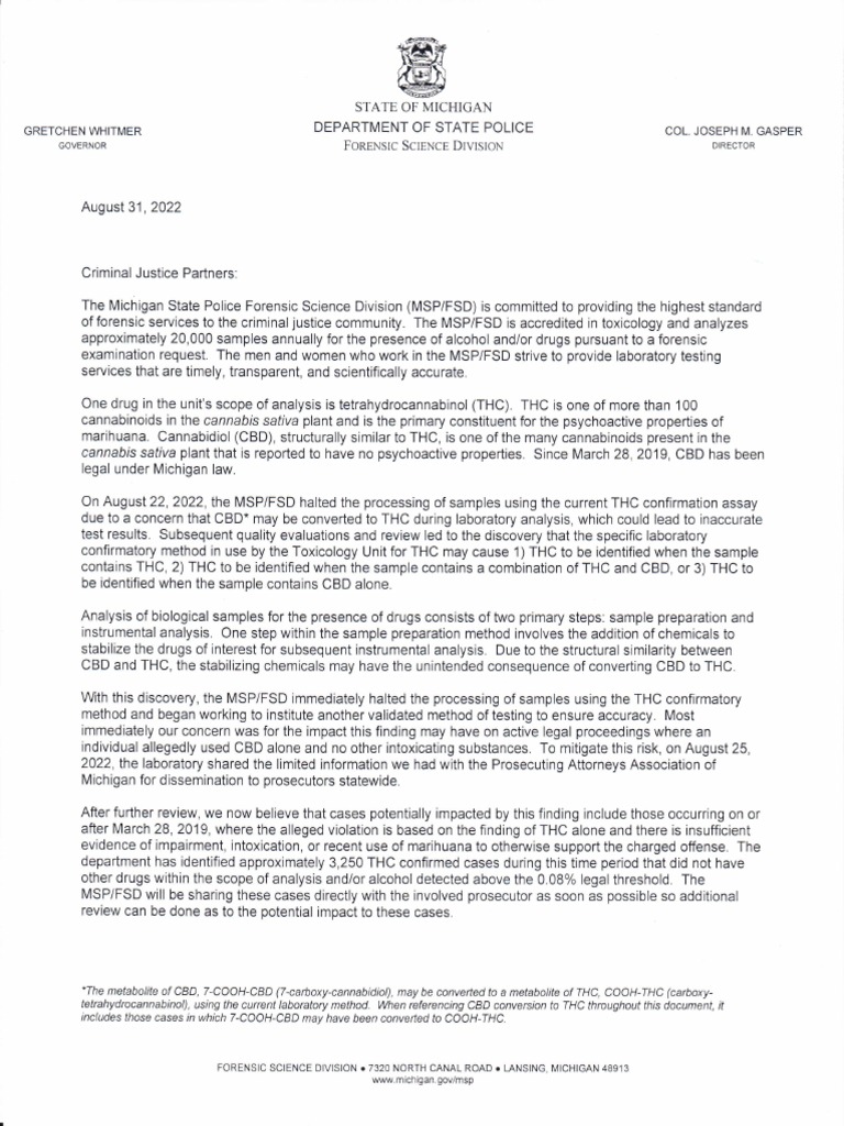 Michigan State Police Letter | PDF | Tetrahydrocannabinol | Cannabis (Drug)