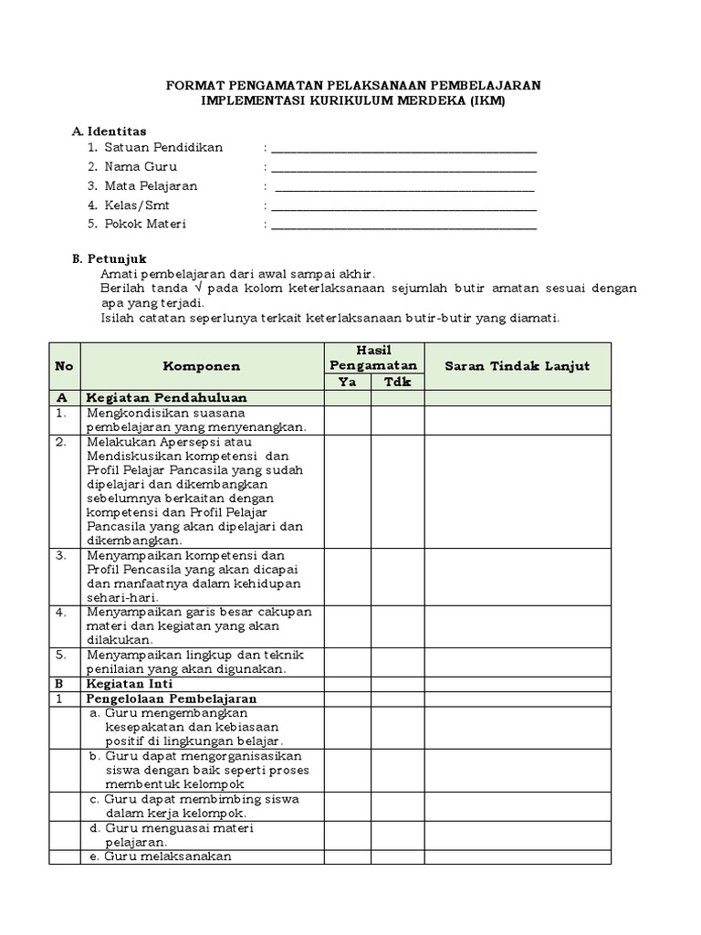 Format Pengamatan Pembelajaran Kurikulum Merdeka | PDF | Karier ...
