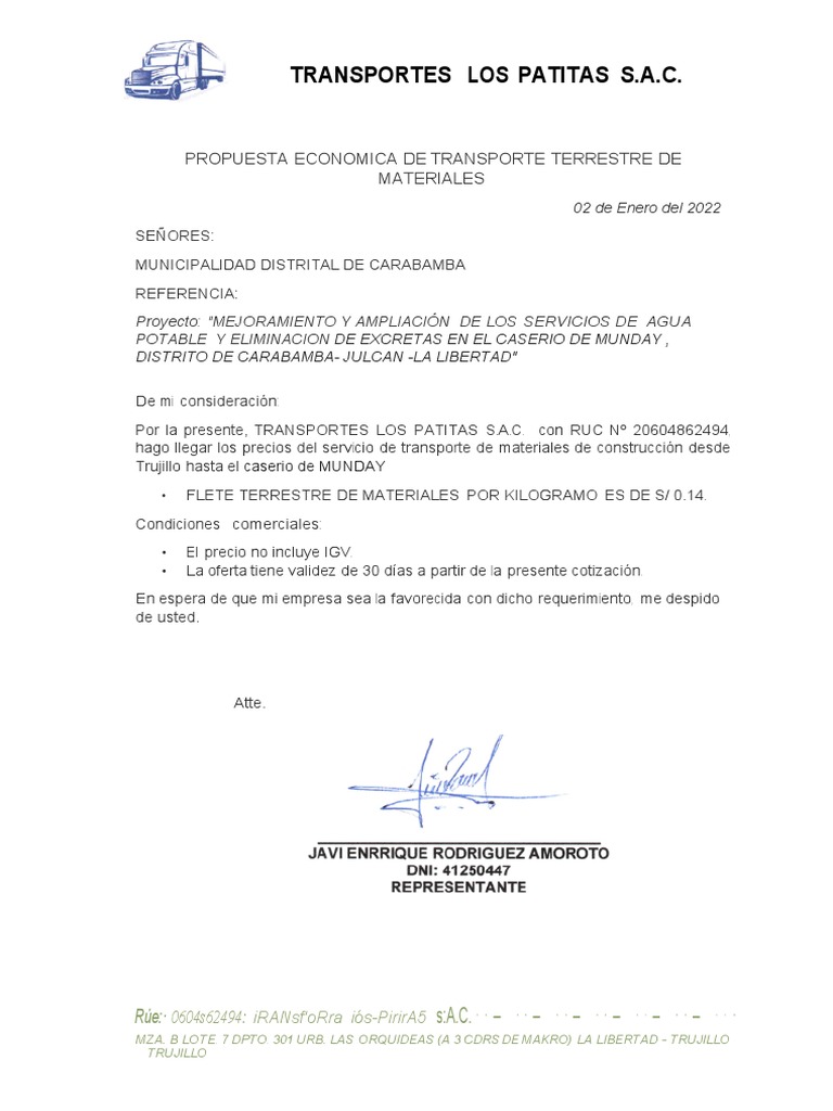 Cotizacion Flete Terrestres Tranp Los Patitas | PDF