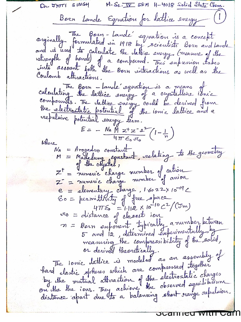 Born Lande Equation Msc Sem Iv Solid State Chem Pdf